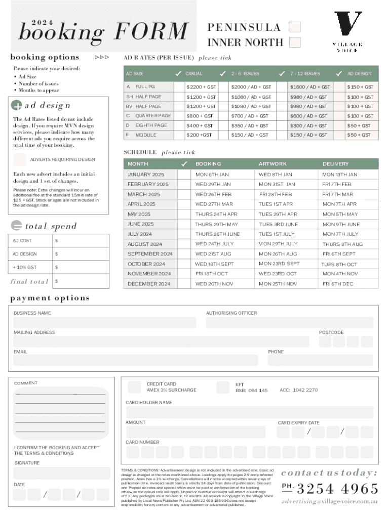 Fillable Online 2024 Advertising Booking Form - Ad Rates & Design ...