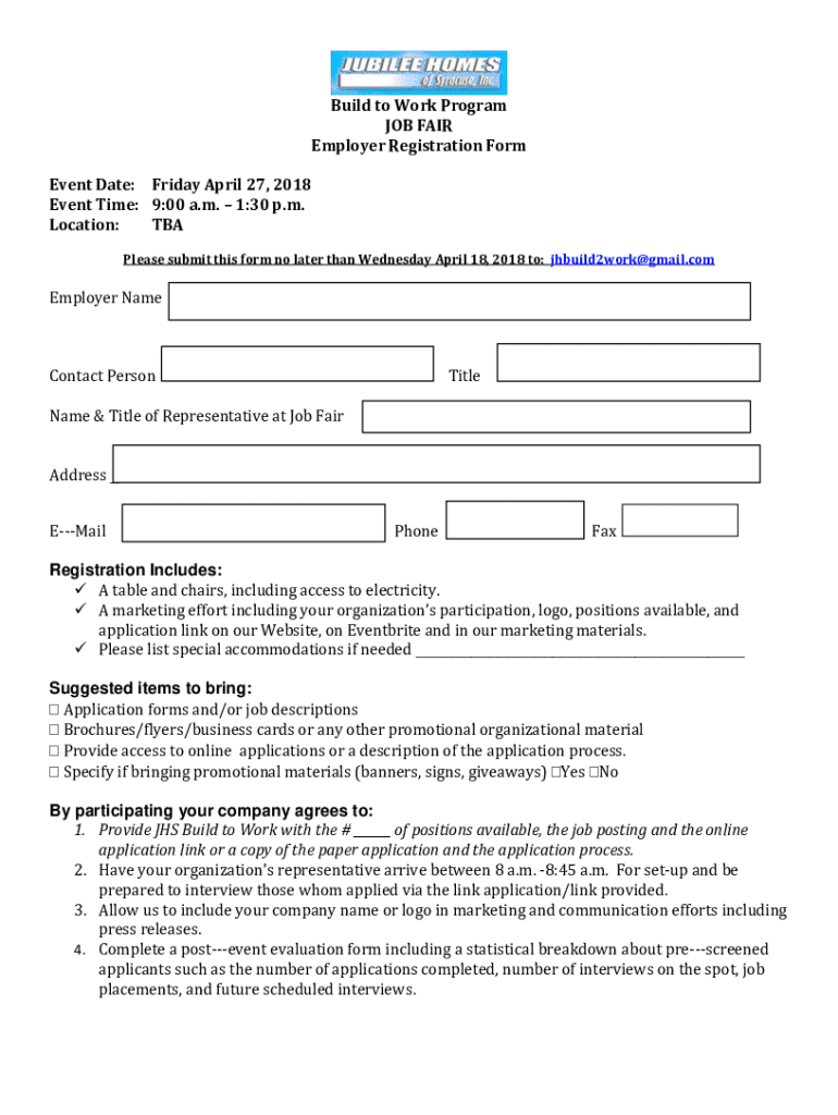 Fillable Online Build to Work Program JOB FAIR Employer Registration ...