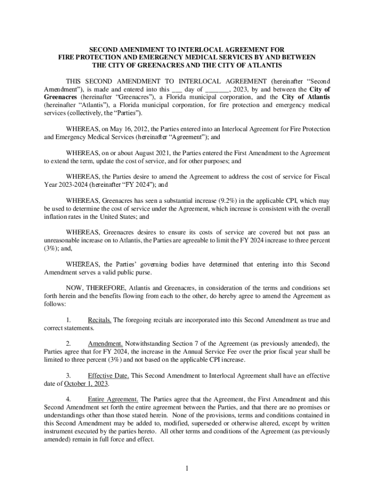 Fillable Online Second Amendment to Interlocal Agreement for Fire Protection and Emergency ...