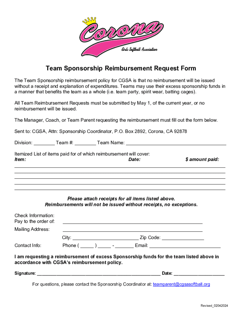 Fillable Online Team Sponsorship Reimbursement Request Form 2024 Fax Email Print - pdfFiller