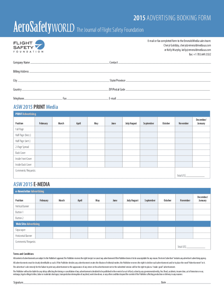 Fillable Online 2015 Advertising Booking Form for Aerosafetyworld ...