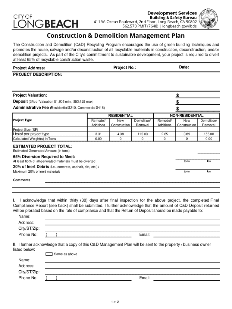 Fillable Online FORM - Construction & Demolition Management Plan Fax ...