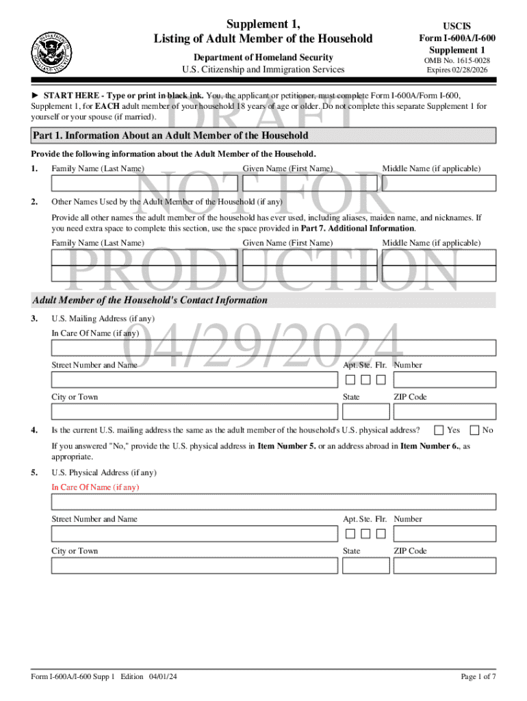 Fillable Online Form I-600A/I-600 Supplement 1, Listing of Adult Member ...