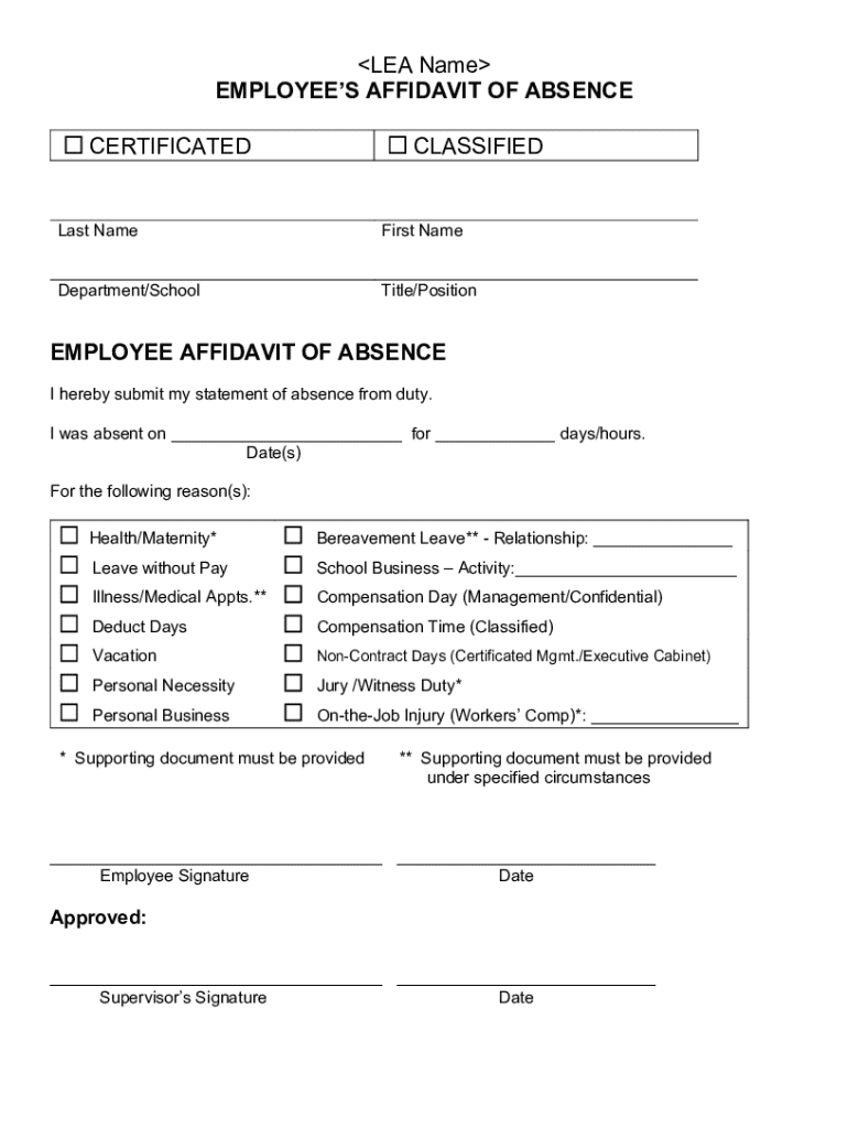 Fillable Online Employee Affidavit of Absence Fax Email Print - pdfFiller