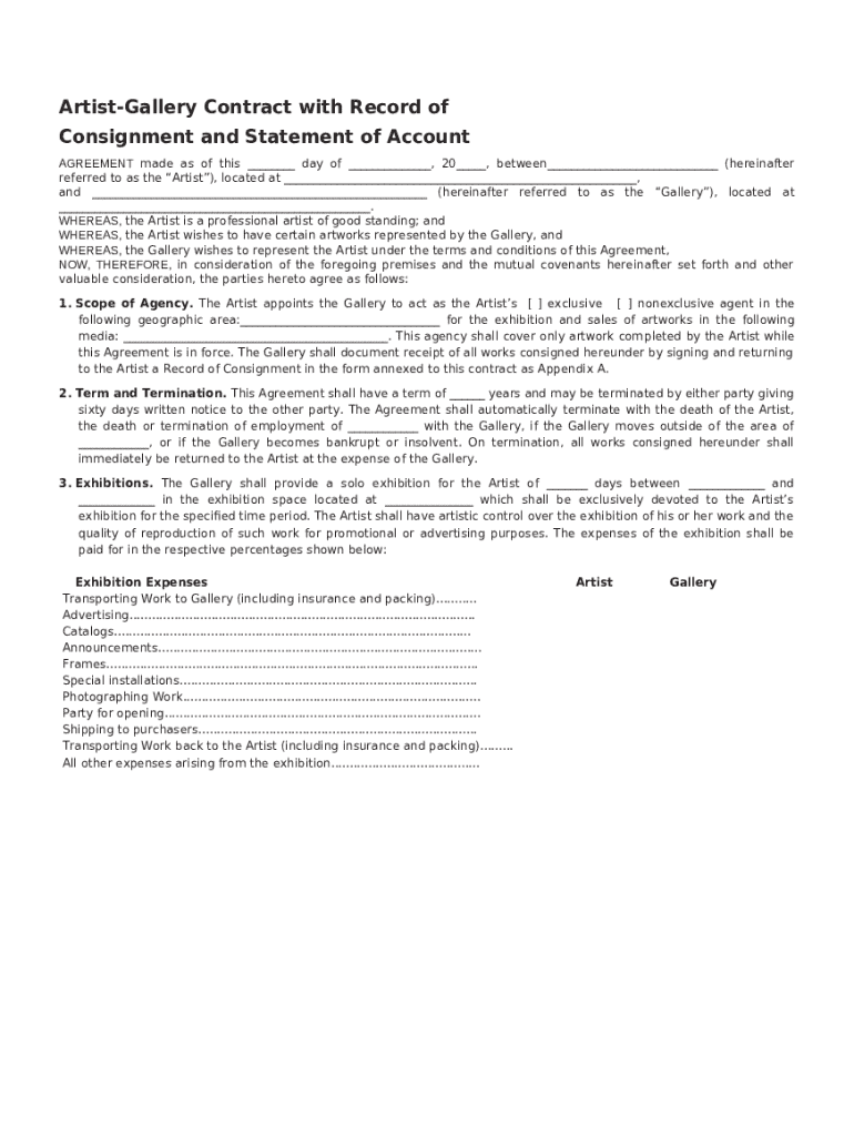 Artist-Gallery Contract with Record of Consignment and ... - sites ...