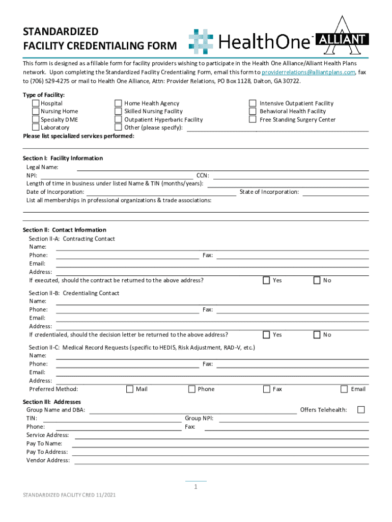 Fillable Online 2021 Standardized Facility Credentialing Form for Health One Alliance Fax Email ...