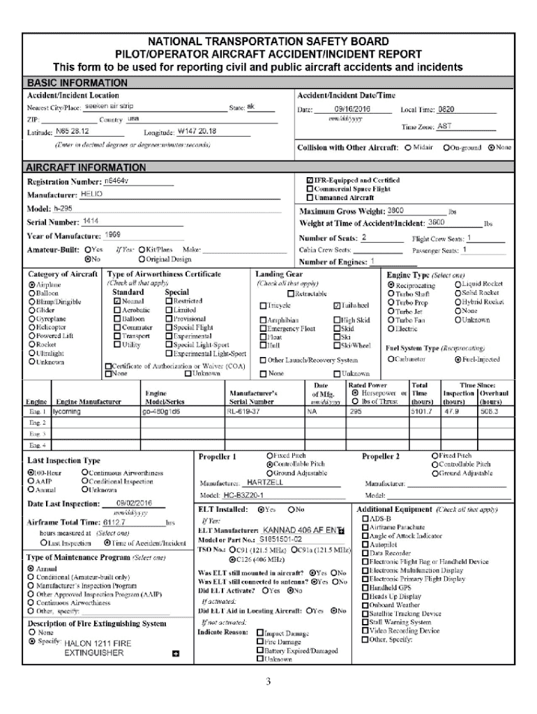 Fillable Online 2016 Pilot Operator Aircraft Accident Incident Report ...