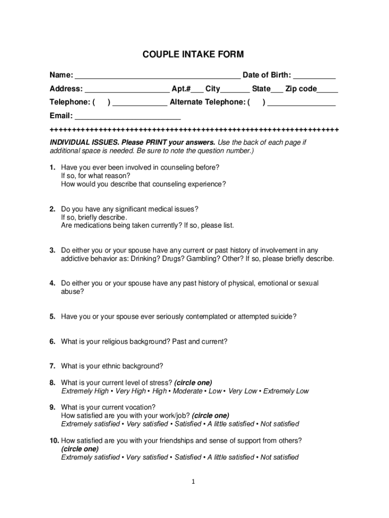 Fillable Online Couple Intake Form 2024: Comprehensive Counseling ...