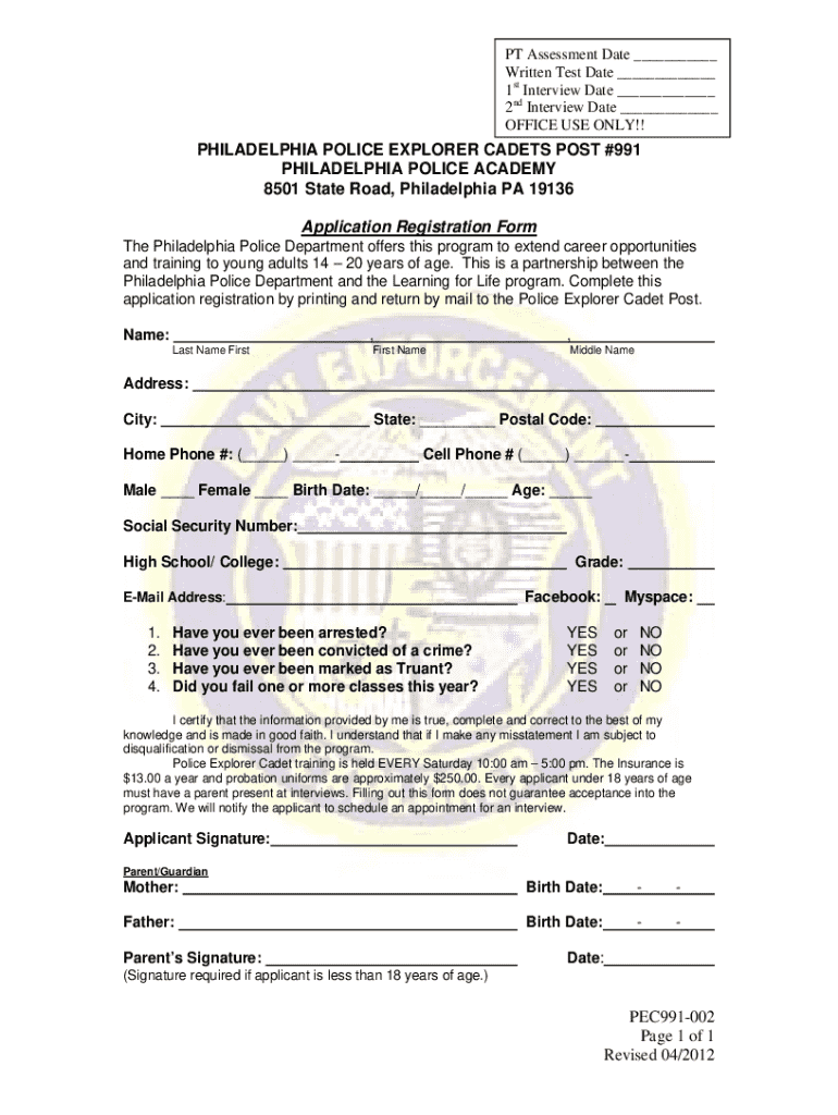 Fillable Online Philadelphia Police Explorer Cadets Registration Form ...