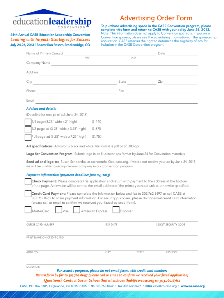 Fillable Online Advertising Order Form - Case Convention 2013 Fax Email ...