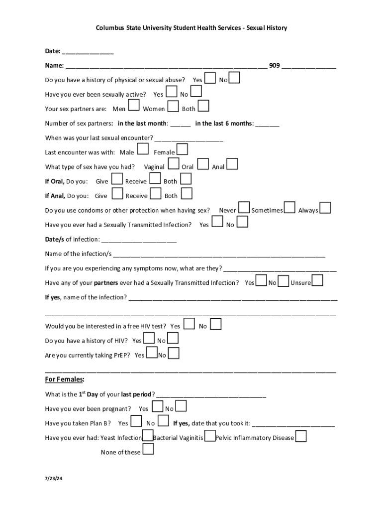 Fillable Online Columbus State University 2024 Sexual History Form for ...
