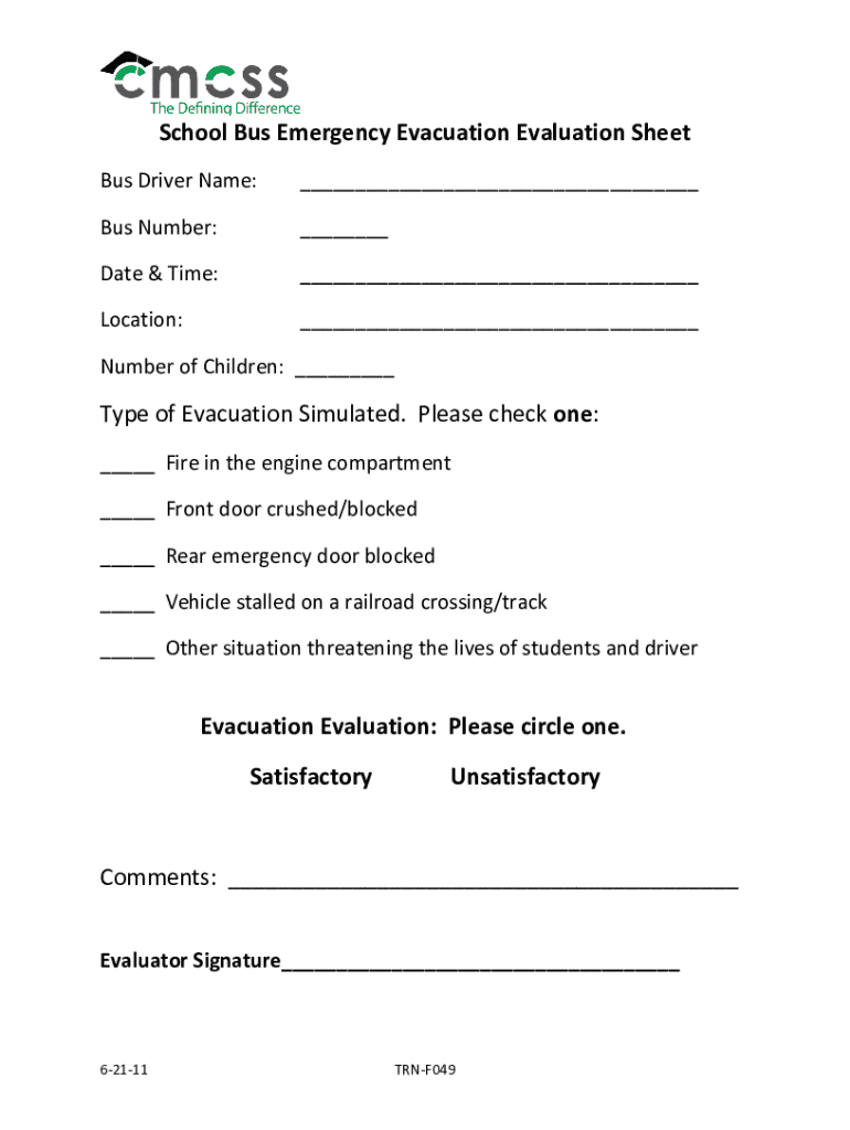 Fillable Online School Bus Emergency Evacuation Evaluation Sheet 2011 | Safety Procedures Fax ...
