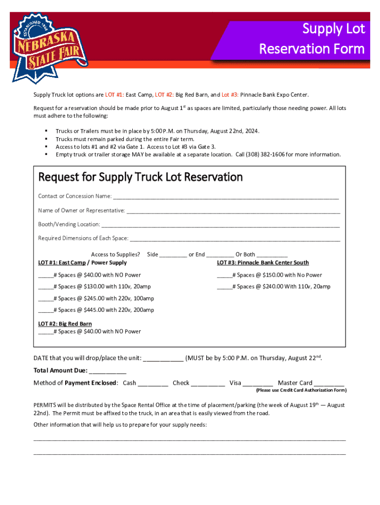 Fillable Online 2024 Supply Lot Reservation Form - Secure Your Space ...