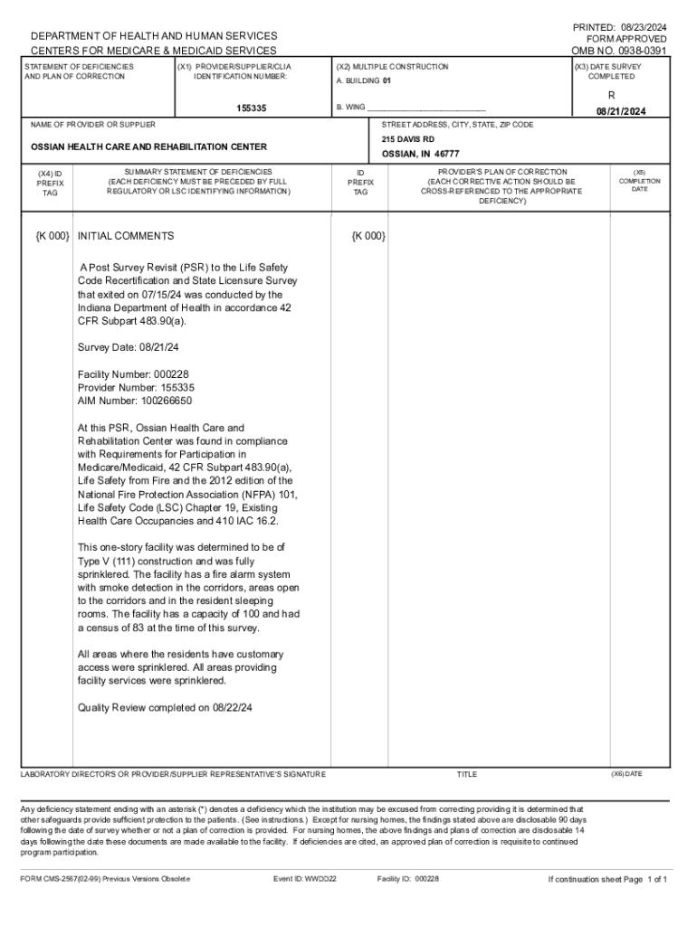 Fillable Online Statement of Deficiencies and Plan of Correction 2024 ...
