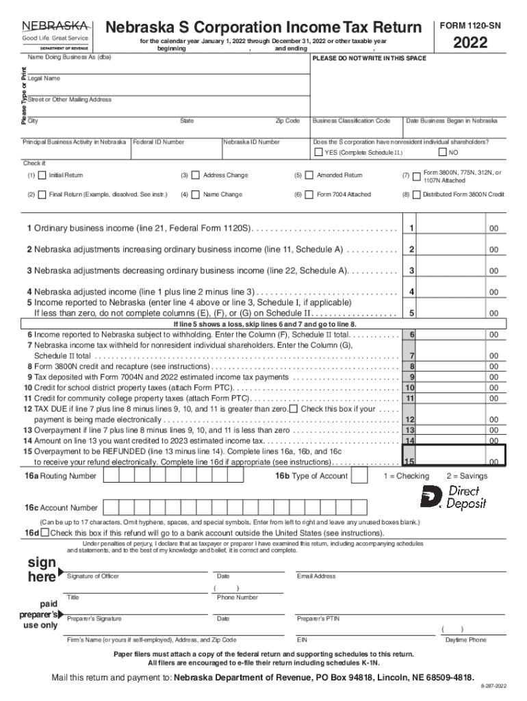 Fillable Online 2022 Nebraska S Corporation Income Tax Return ...