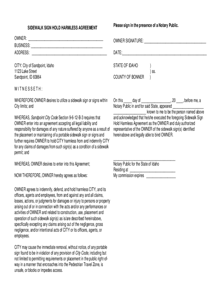 Fillable Online SIDEWALK SIGN HOLD HARMLESS AGREEMENT Please sign in ...