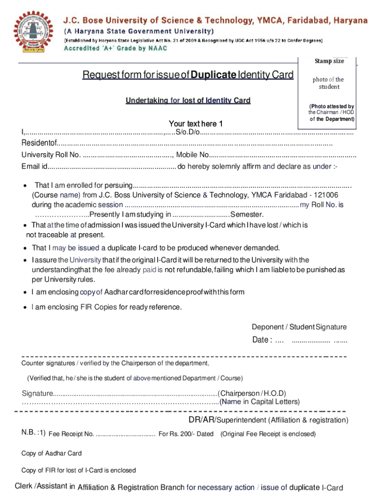 Fillable Online Request form for issue of Duplicate Identity Card Fax ...
