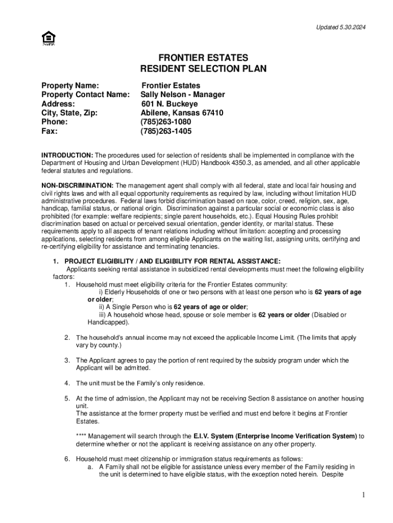 Fillable Online Frontier Estates Resident Selection Plan 2024 ...