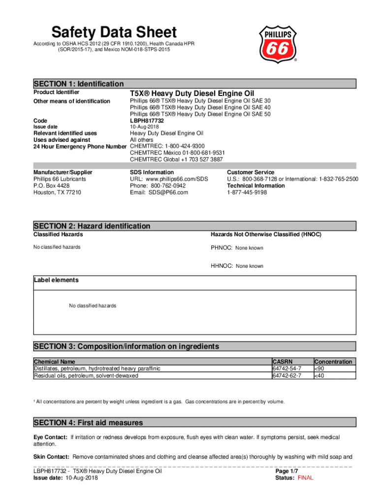 Fillable Online T5x Heavy Duty Diesel Engine Oil Safety Data Sheet ...