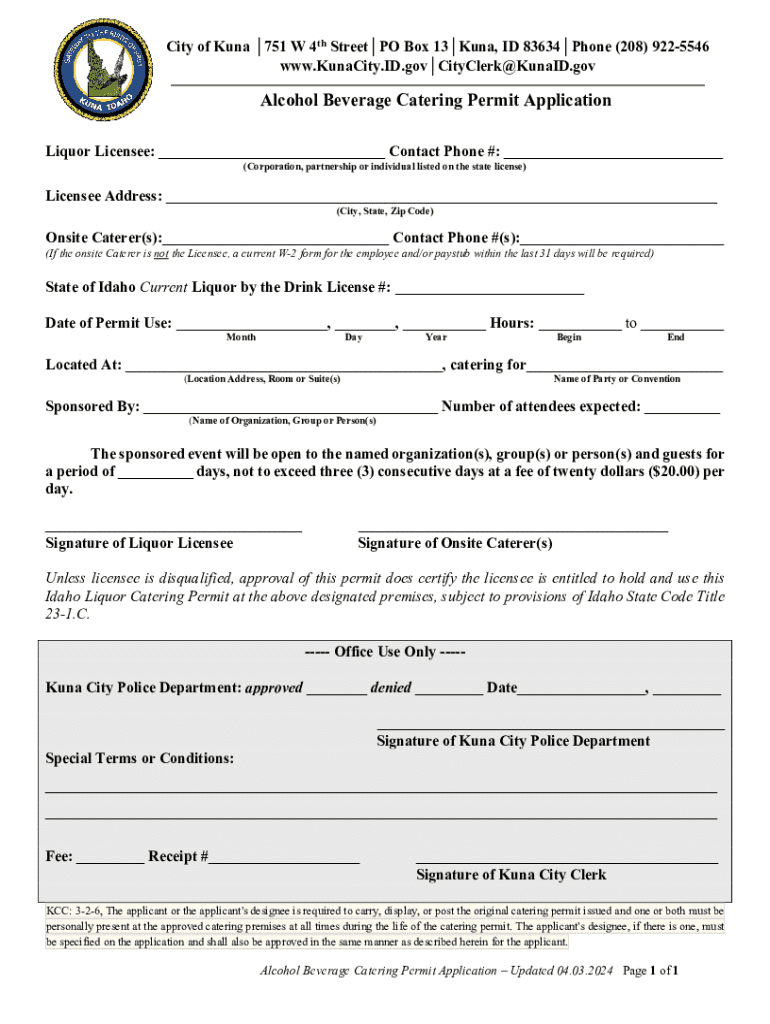 Fillable Online Form CenterAlcohol Beverage Catering Permit - City of ...