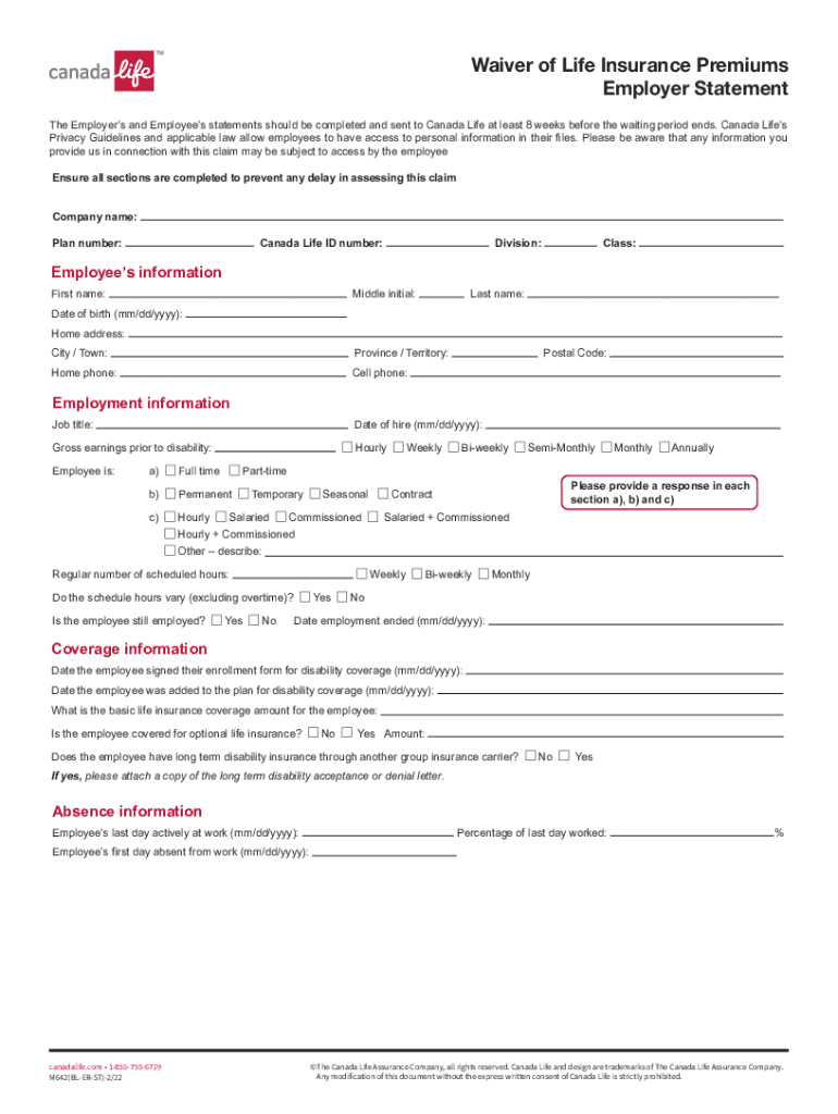 Fillable Online Waiver of Life Insurance Premiums 2022 - Employer ...
