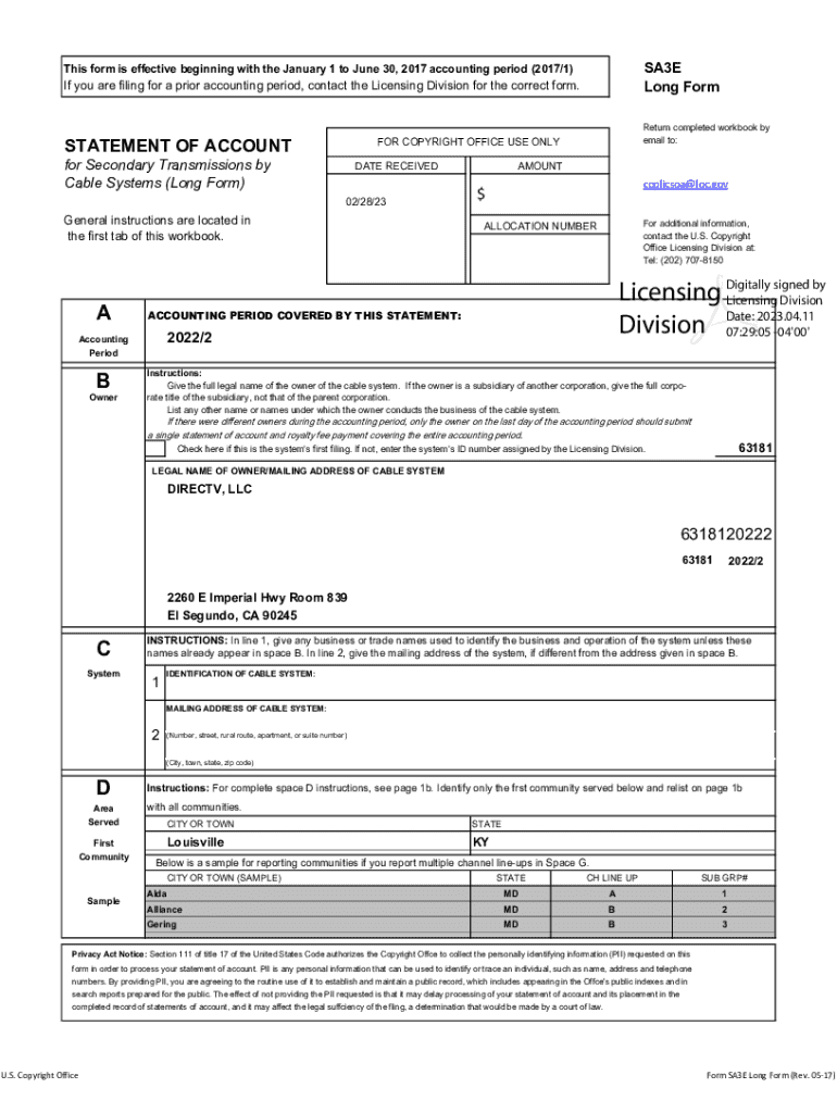 Fillable Online Statement of Account for Secondary Transmissions by Cable Systems – 2022/2 Fax ...