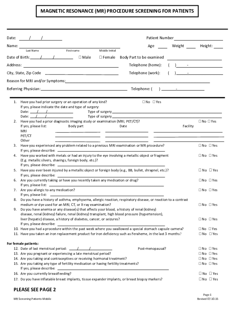 Fillable Online MRI Procedure Screening FormVermont Veterans\' Home Fax ...