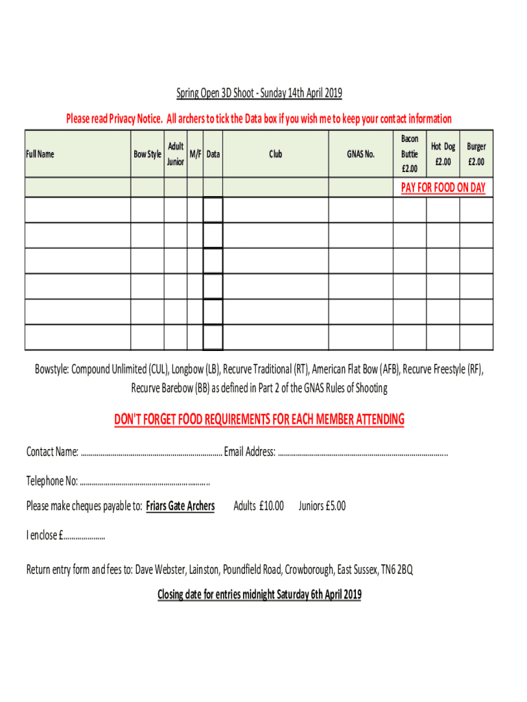 Fillable Online Spring Open 3d Shoot 2019 Entry - Register by April 6th Fax Email Print - pdfFiller