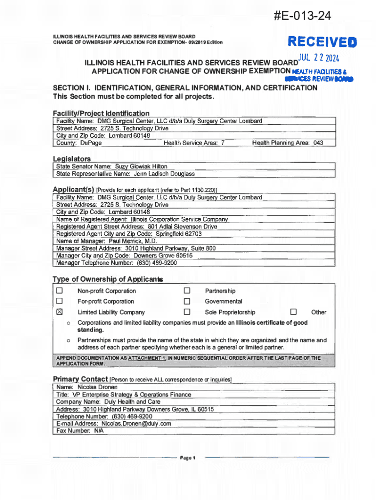 Fillable Online Illinois Change of Ownership Application for Exemption ...