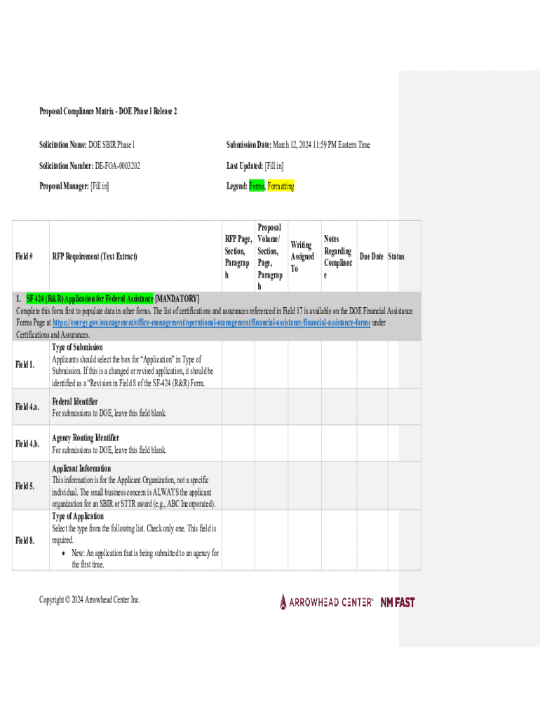 Fillable Online Proposal Compliance Matrix for Doe Sbir Phase I - 2024 ...