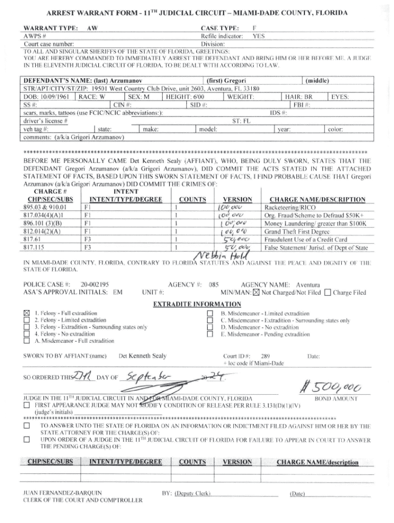 Fillable Online 2023 Miami-dade County Arrest Warrant for Gregori ...