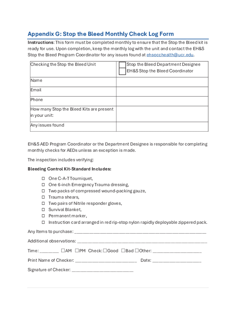 Fillable Online Appendix G: Stop the Bleed Monthly Check Log Form Fax Email Print - pdfFiller