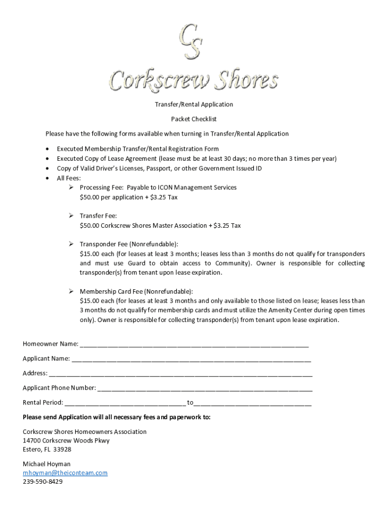Fillable Online Transfer/Rental Application Packet Checklist Fax Email ...