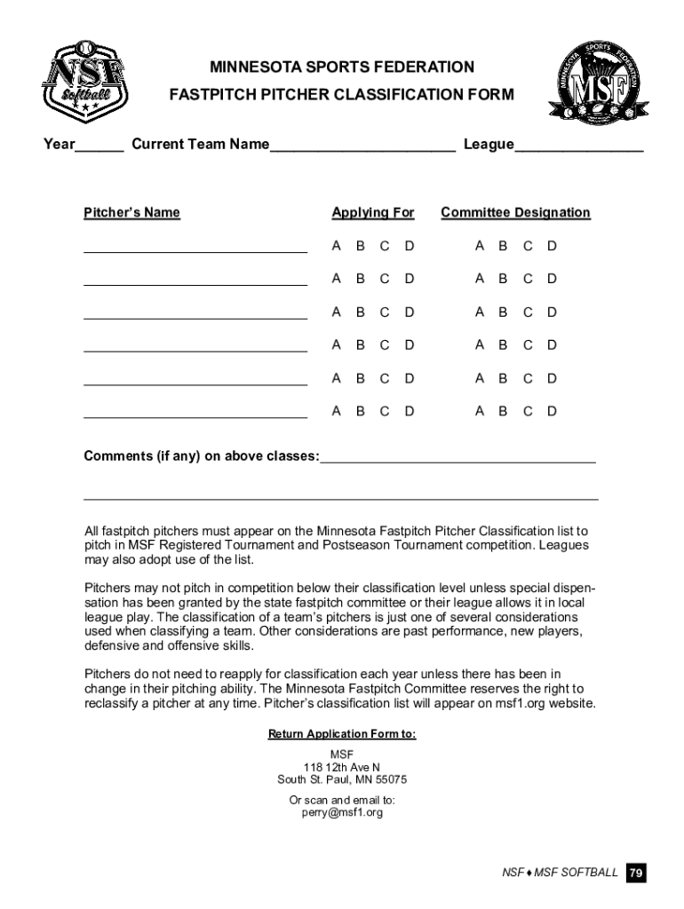 Fillable Online fastpitch pitcher classification form Fax Email Print ...