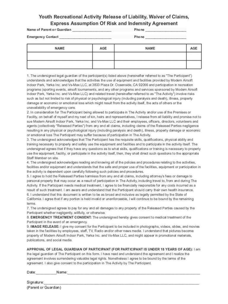 Fillable Online Youth Recreational Activity Liability Waiver and Risk Agreement 2023 Fax Email ...