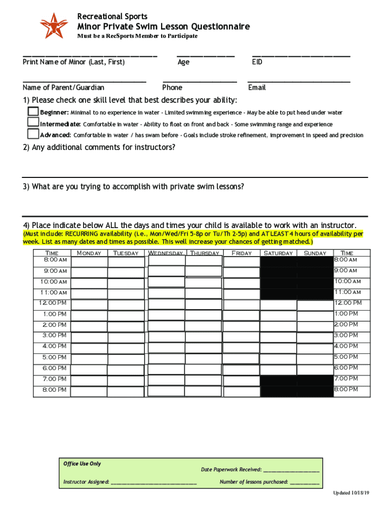 Fillable Online 2023 Minor Private Swim Lesson Questionnaire for ...