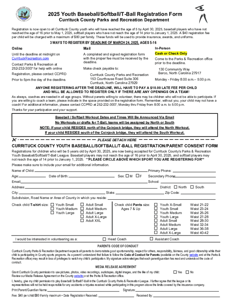 Fillable Online 2025 Currituck County Youth Baseball Softball T-ball Registration Fax Email ...