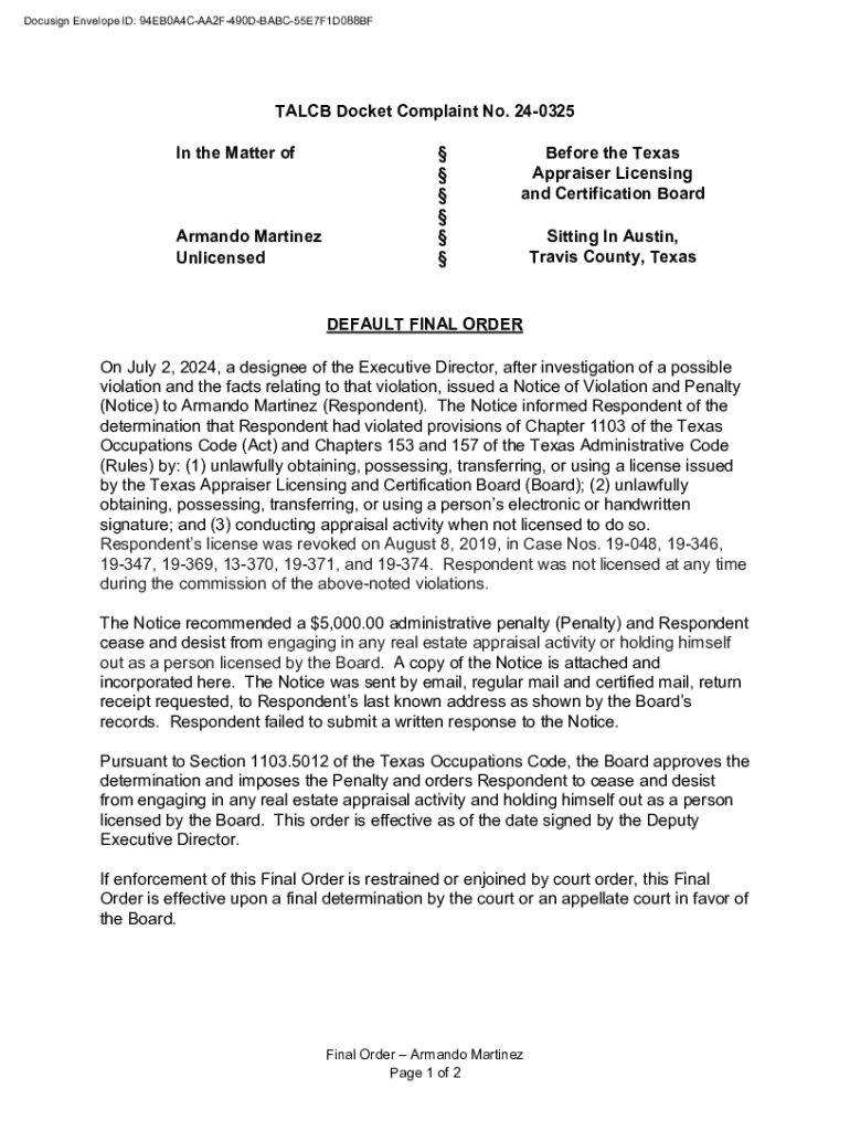 Fillable Online TALCB Docket Complaint No. 24-0325 In the Matter of Before ... Fax Email Print ...