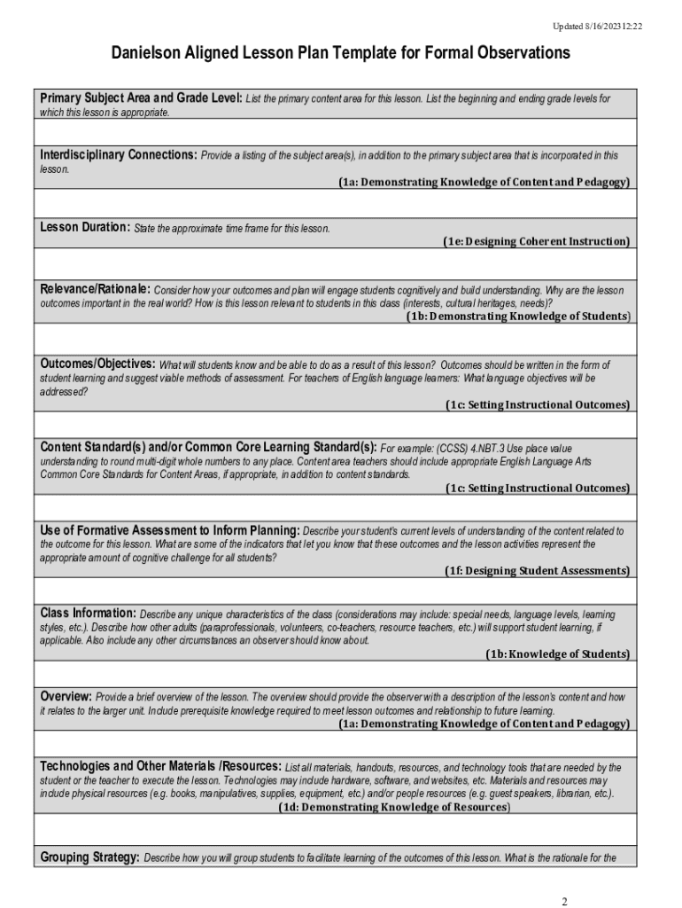 Danielson Aligned Lesson Plan Template For Formal Observations Fill
