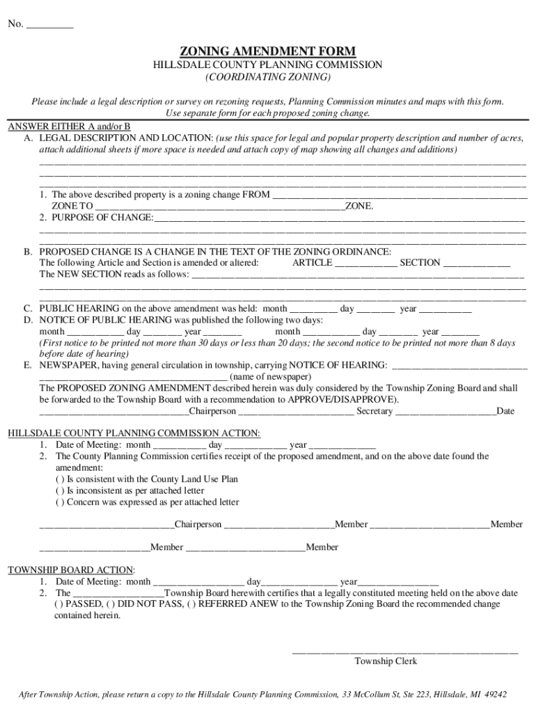 Fillable Online Hillsdale County Zoning Amendment Form 2023 Fax Email ...