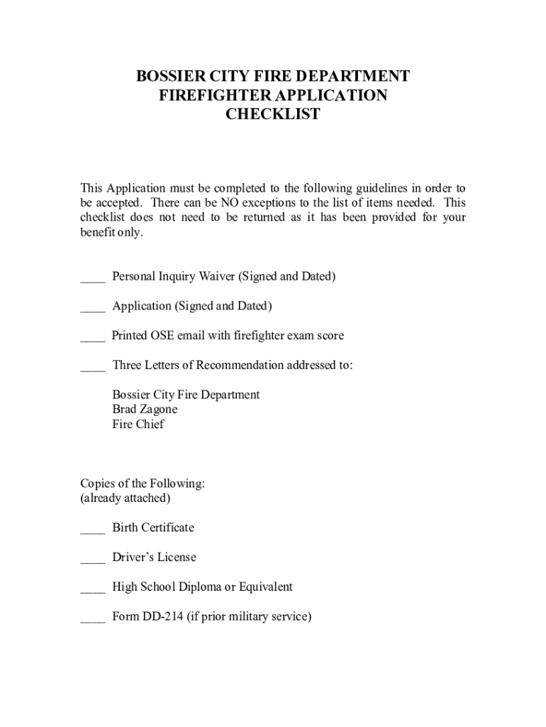 Fillable Online BOSSIER CITY FIRE DEPARTMENT FIREFIGHTER APPLICATION ...