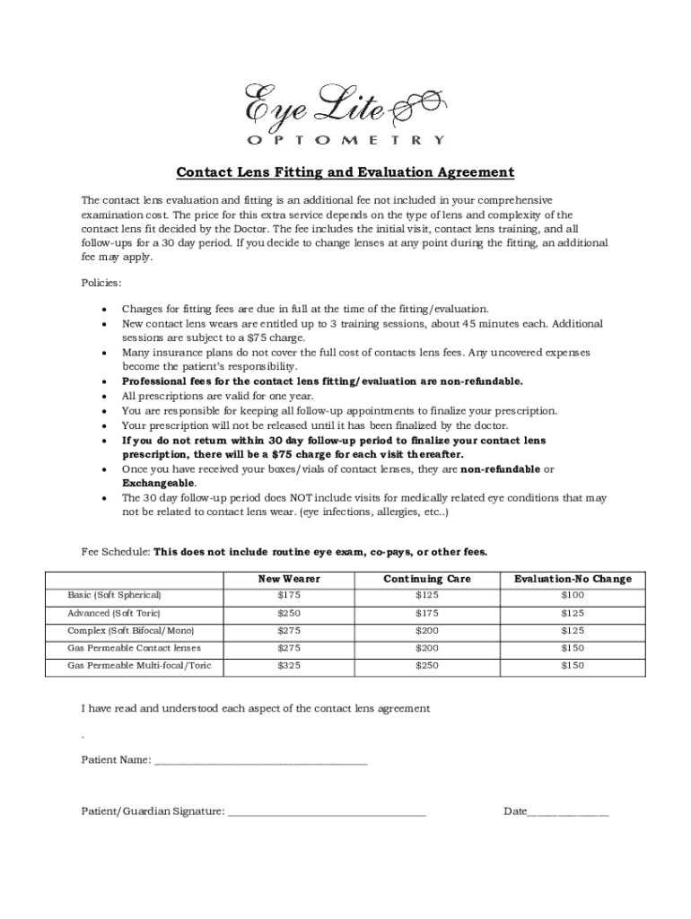 Fillable Online Contact Lens Fitting/Evaluation Agreement - Bright Eyes ...