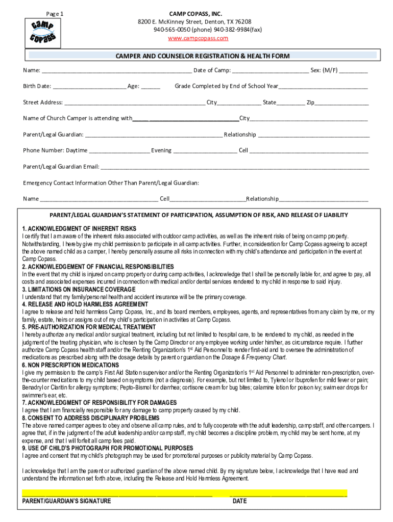 Fillable Online Camper and Counselor Registration & Health Form - Camp ...