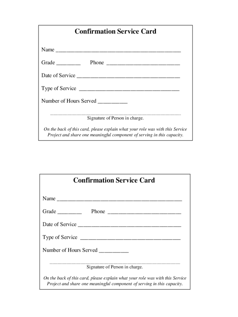 Fillable Online Confirmation Service Card - Service Participation ...