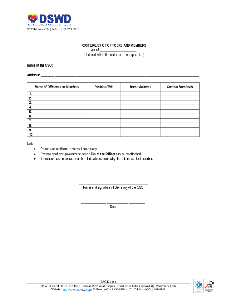 Fillable Online Roster of Officers and Members for Csos - Dswd 2022 Fax ...