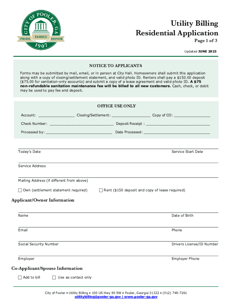 Fillable Online Utility Billing Residential Application City of Pooler Georgia Fax Email Print ...