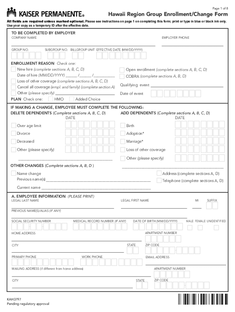 Fillable Online Hawaii Region Group Enrollment Change Form 2023 - Kaiser Permanente Fax Email ...