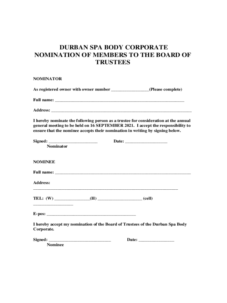Fillable Online Nomination for Durban Spa Body Corporate Board of ...