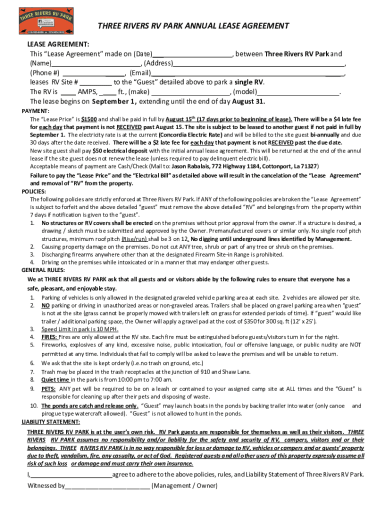 Fillable Online 2023 Three Rivers Rv Park Annual Lease Agreement and ...