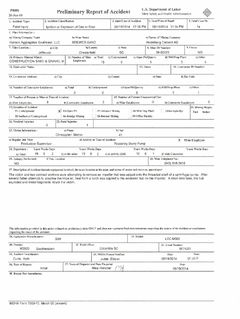 Fillable Online Preliminary Report of Fatal Mining Accident 2014 - U.s ...